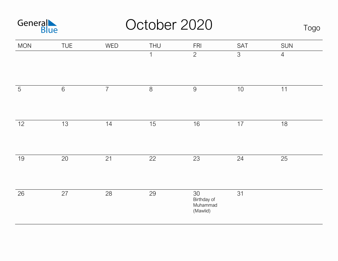 Printable October 2020 Monthly Calendar with Holidays for Togo (Monday ...