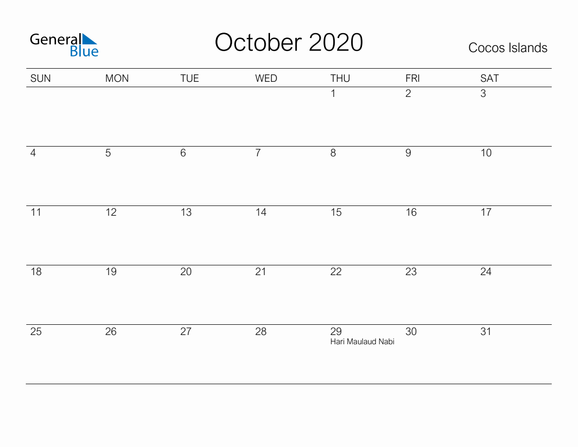 Printable October 2020 Monthly Calendar with Holidays for Cocos Islands