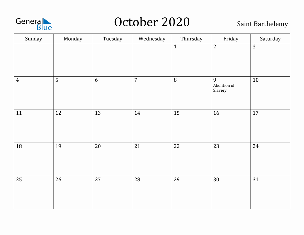 October 2020 Monthly Calendar with Saint Barthelemy Holidays