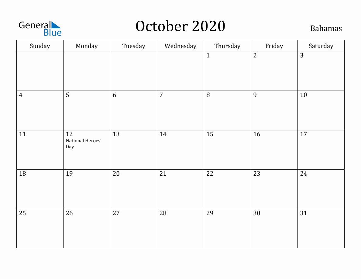 October 2020 Monthly Calendar with Bahamas Holidays