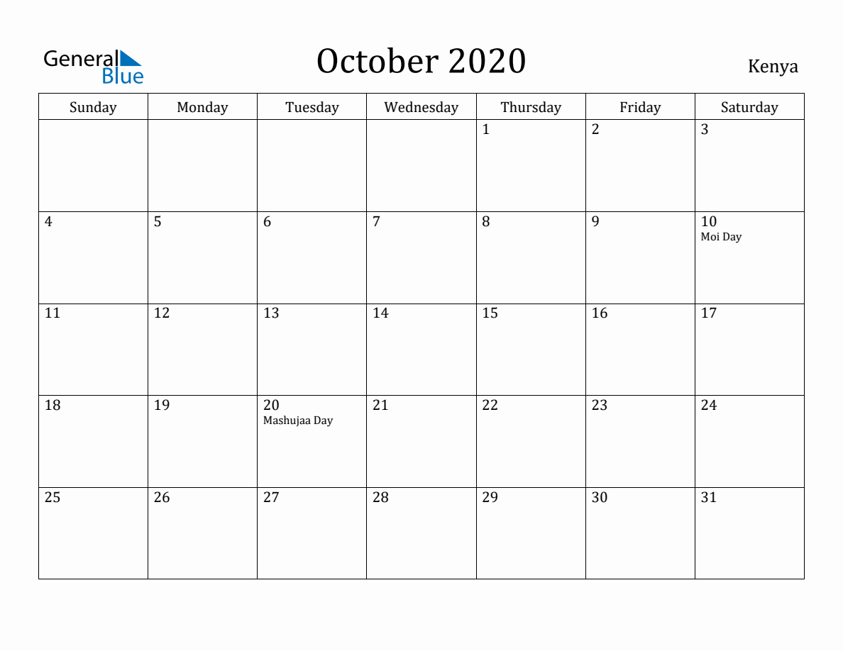 October 2020 Monthly Calendar with Kenya Holidays