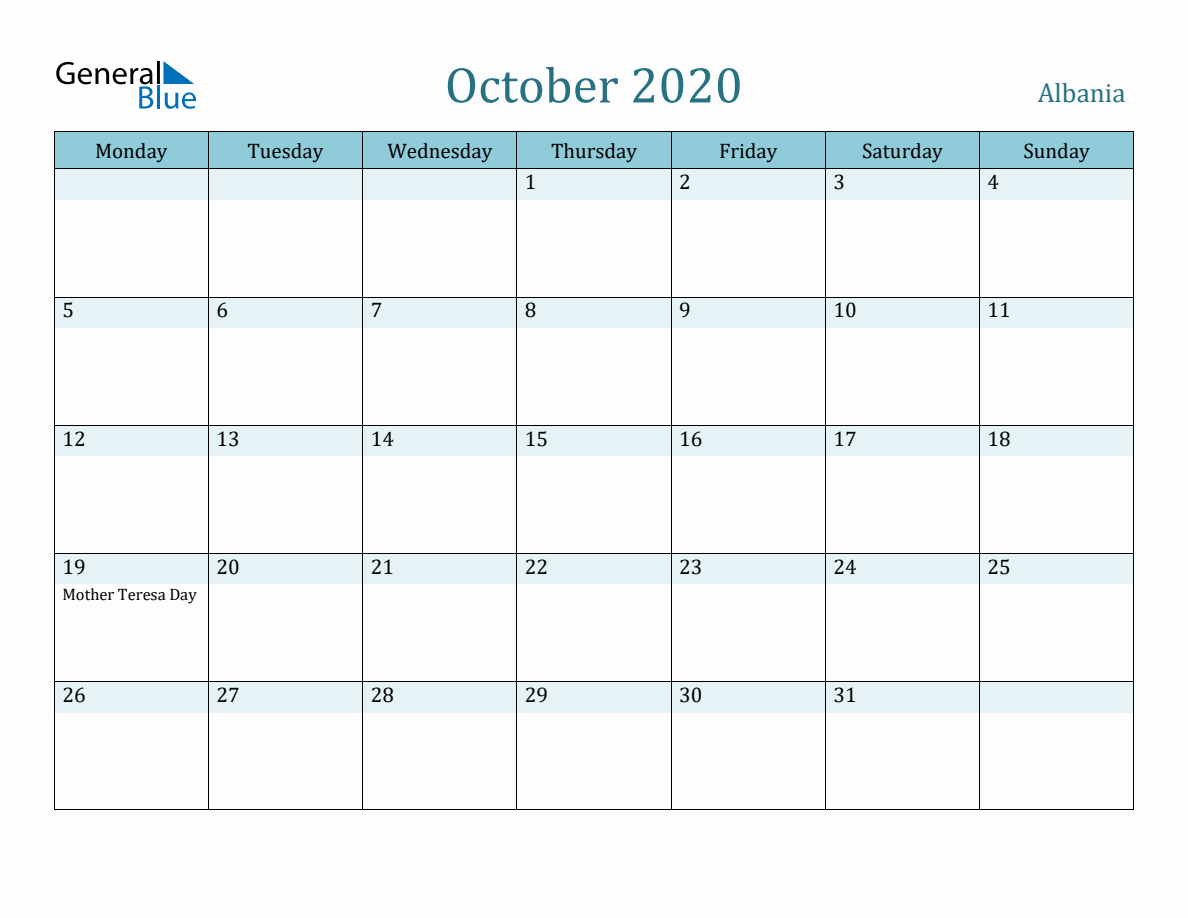 Albania Holiday Calendar for October 2020 (Monday Start)