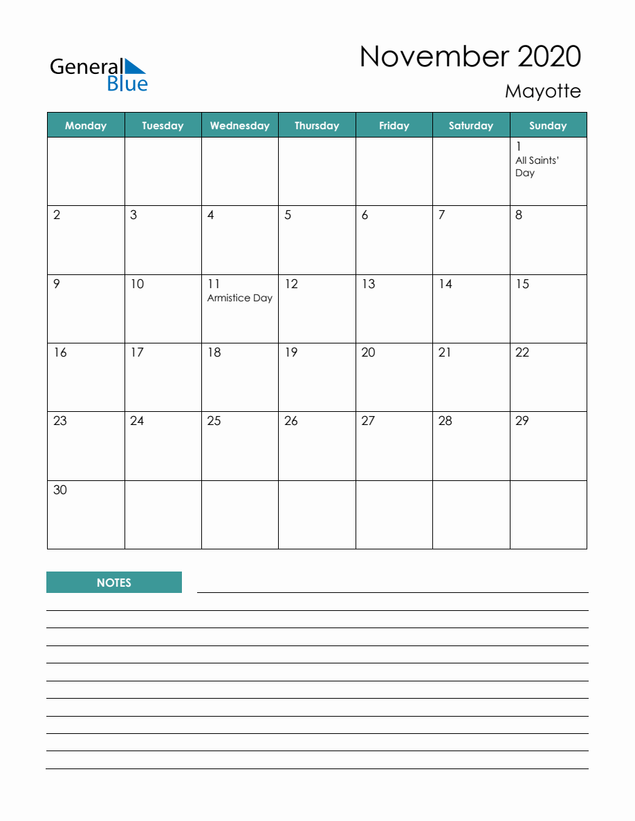 Monthly Planner with Mayotte Holidays - November 2020 (Monday Start)