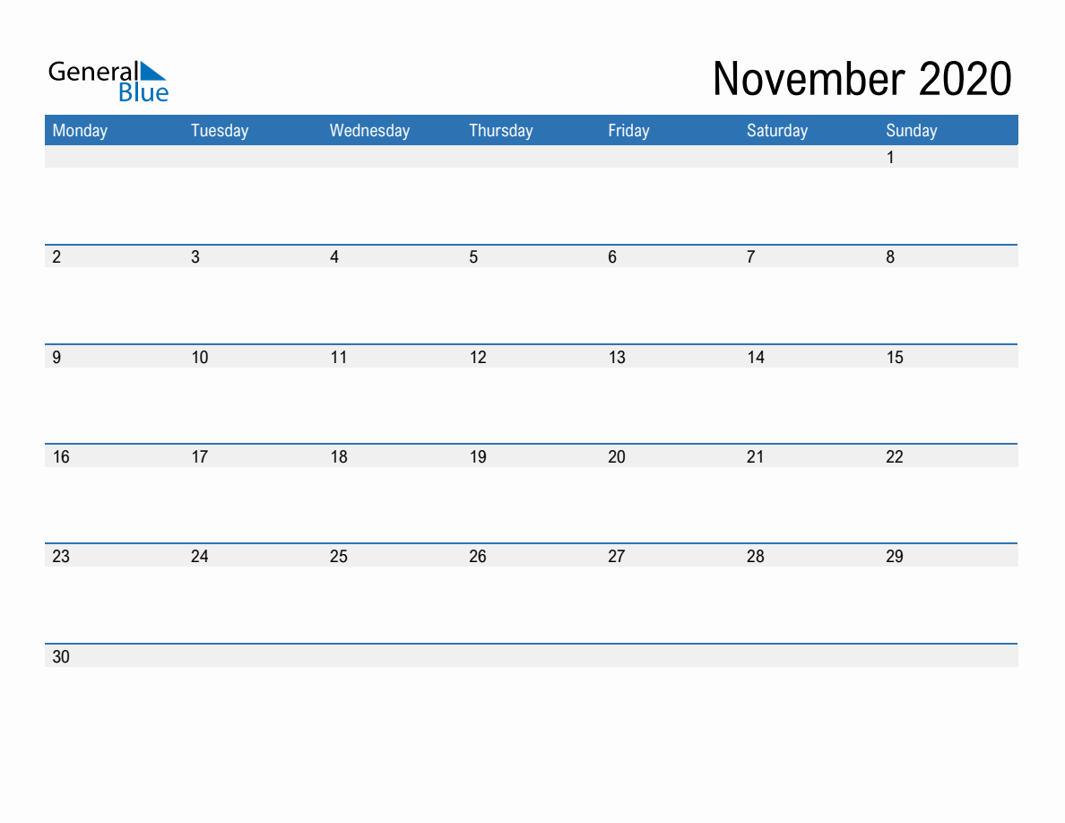 Editable Calendar Template for November 2020 - Monday Start