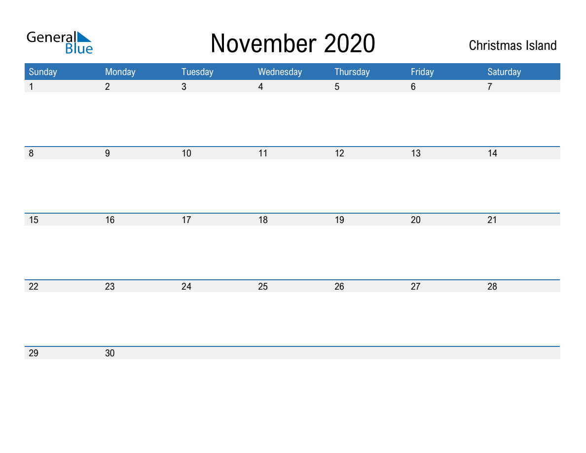 Editable November 2020 Calendar with Christmas Island Holidays