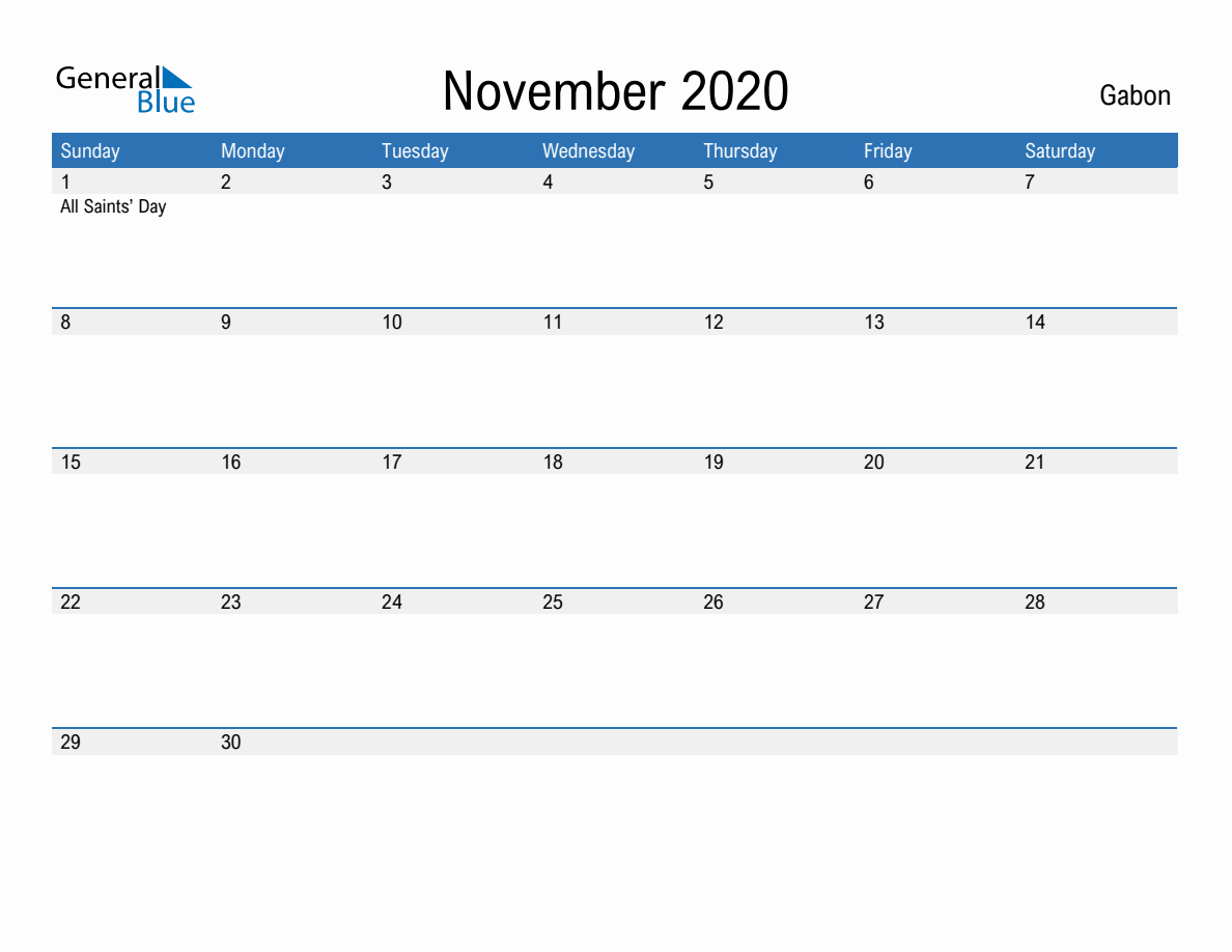 Editable November 2020 Calendar with Gabon Holidays
