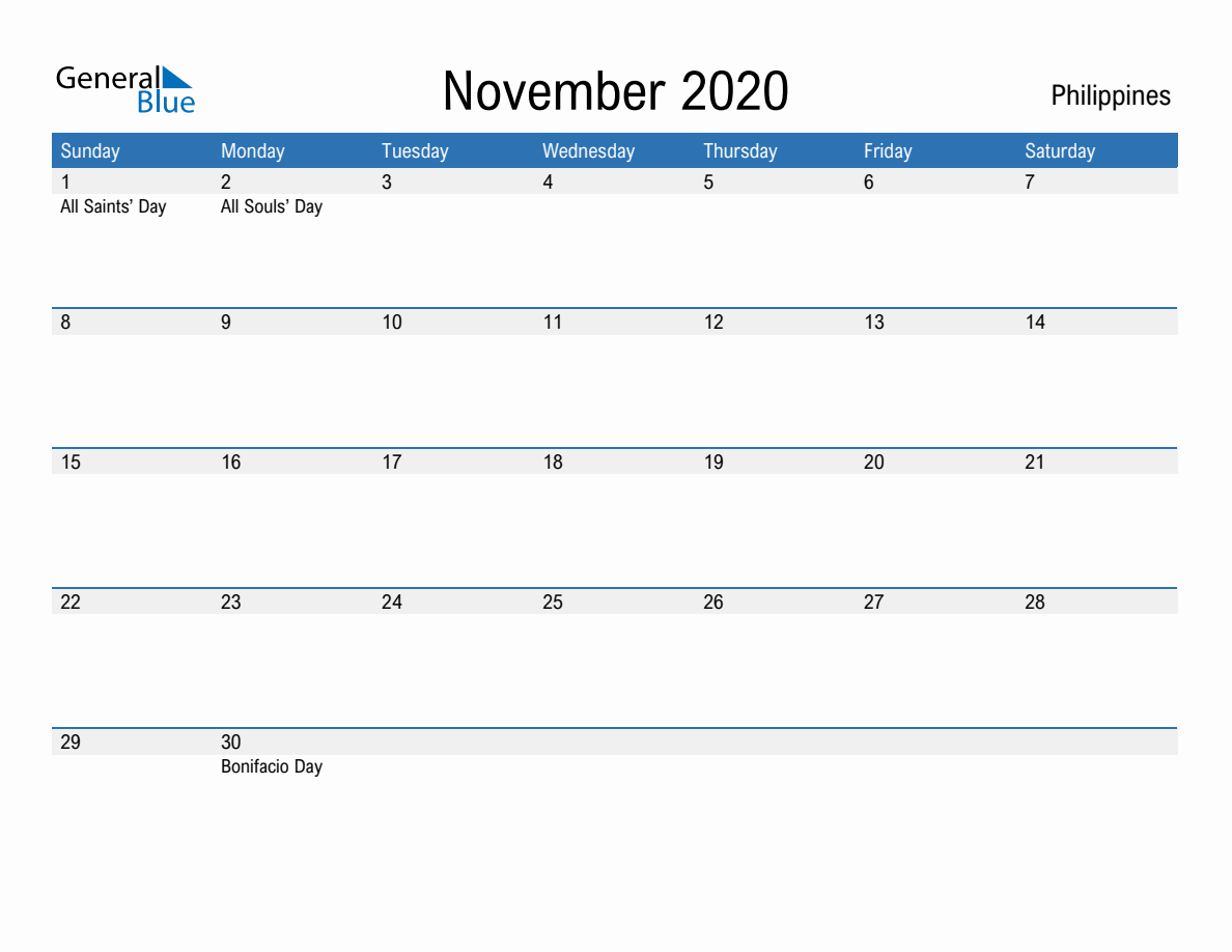 Editable November 2020 Calendar with Philippines Holidays