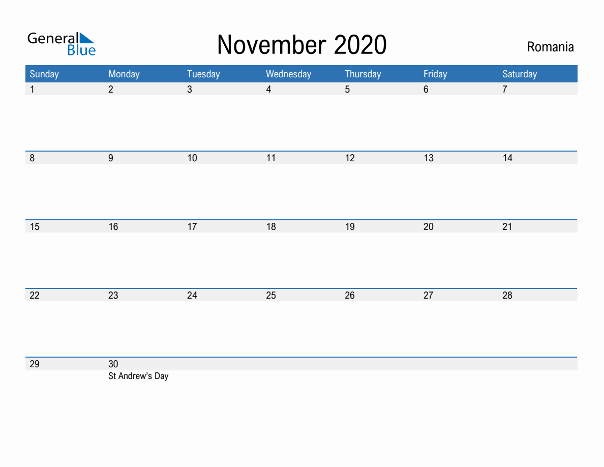 Editable November 2020 Calendar with Romania Holidays