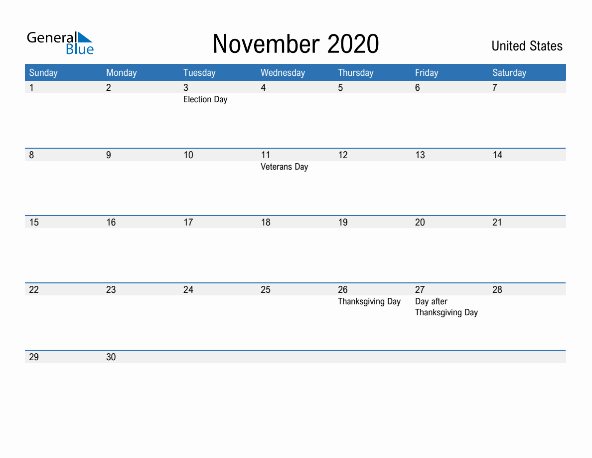 November 2020 Monthly Calendars with United States Holidays