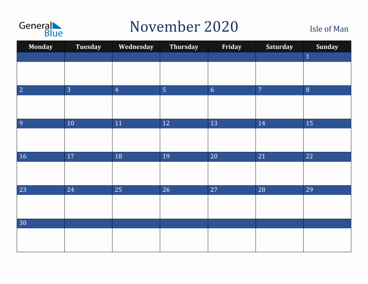 November 2020 Isle of Man Holiday Calendar (Monday Start)