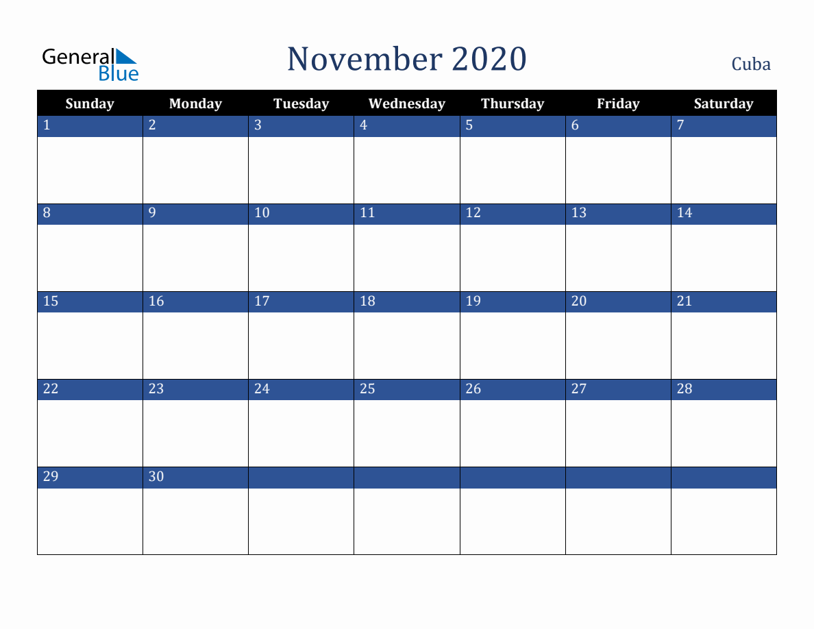 November 2020 Cuba Holiday Calendar