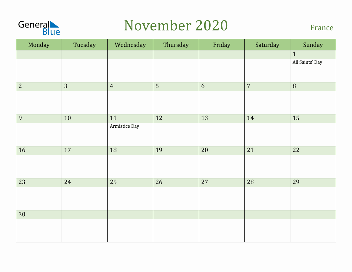 Fillable Holiday Calendar for France - November 2020 (Monday Start)