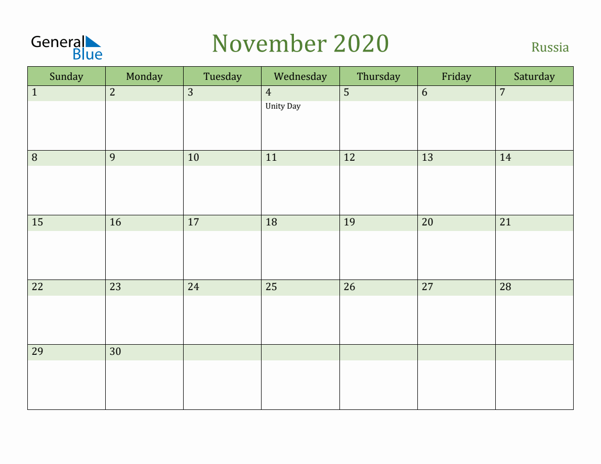 Fillable Holiday Calendar for Russia - November 2020