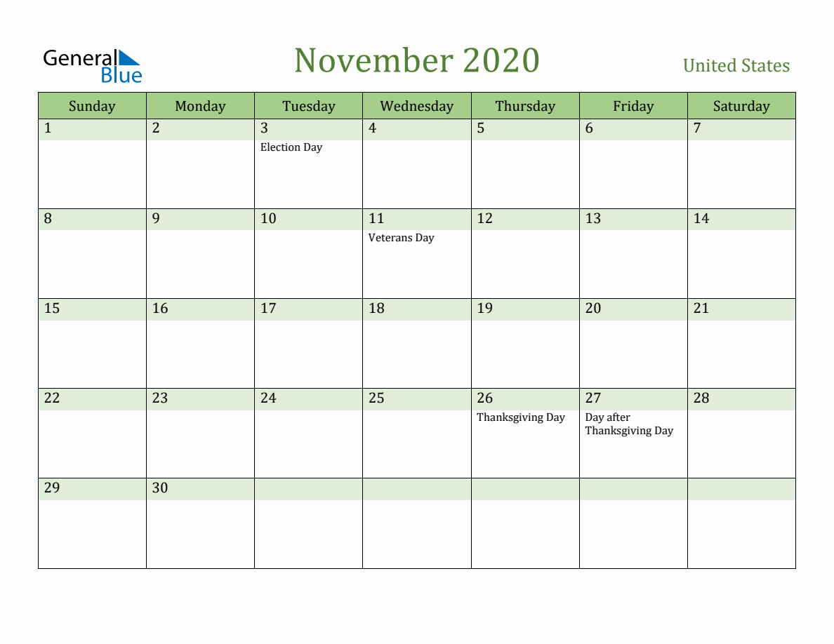 Fillable Holiday Calendar for United States - November 2020