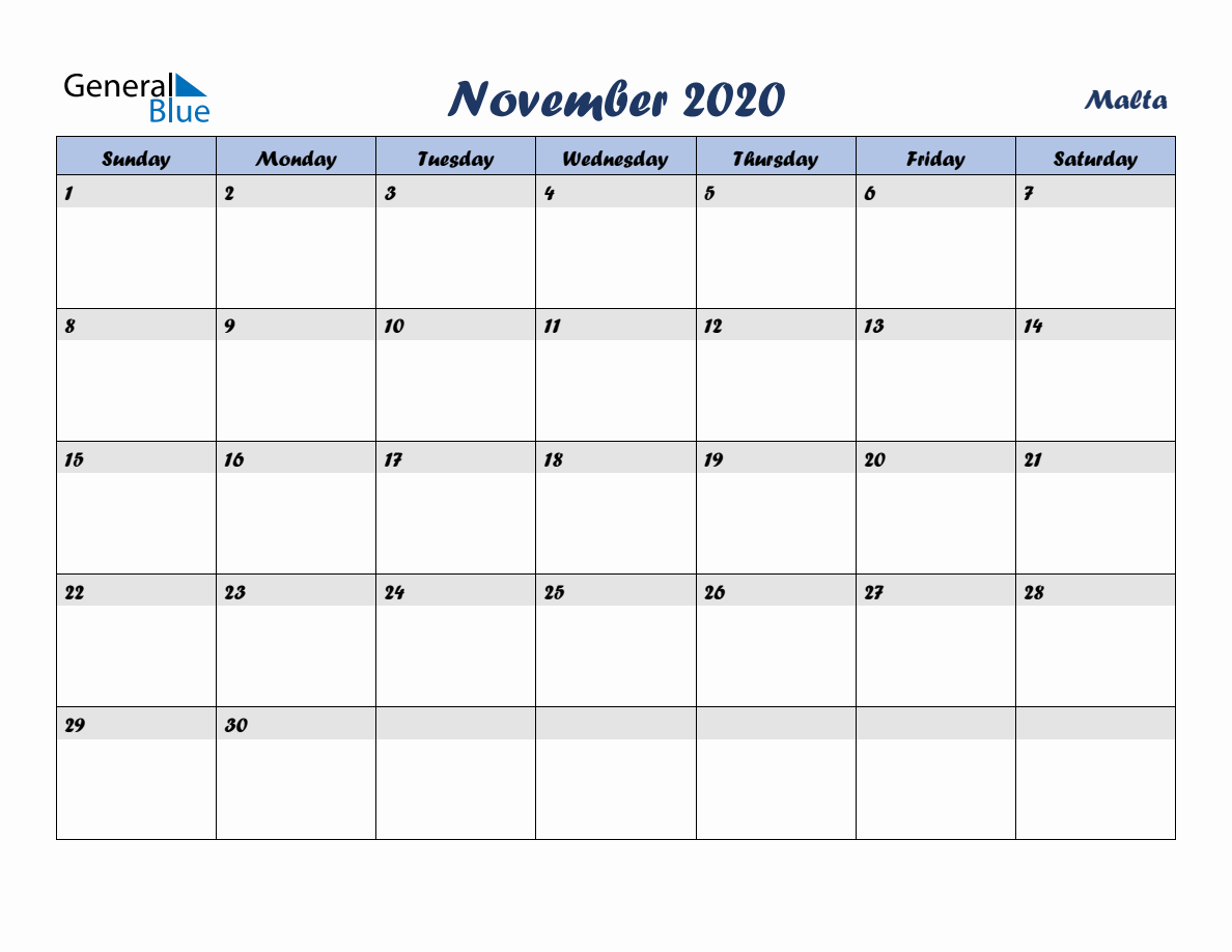 November 2020 Monthly Calendar Template with Holidays for Malta