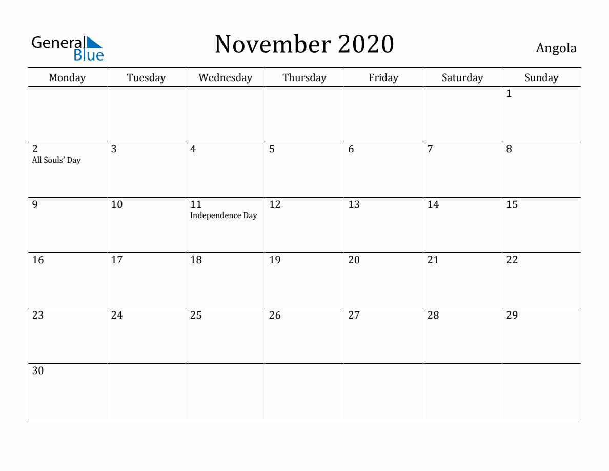 Angola Monthly Calendar - November 2020 (Monday Start)