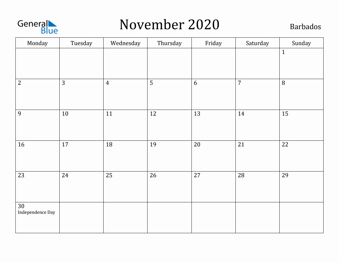 Barbados Monthly Calendar - November 2020 (Monday Start)