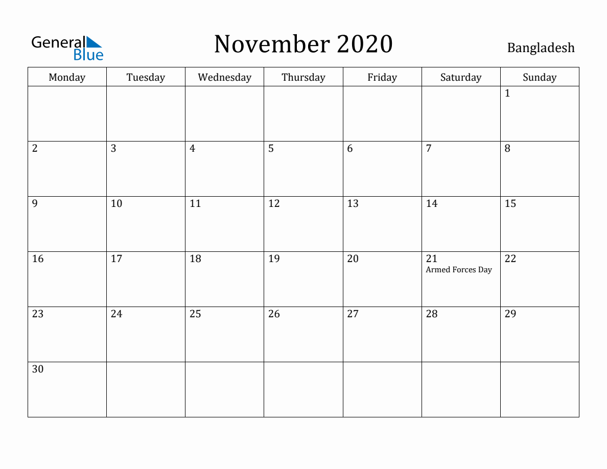 November 2020 - Bangladesh Monthly Calendar with Holidays