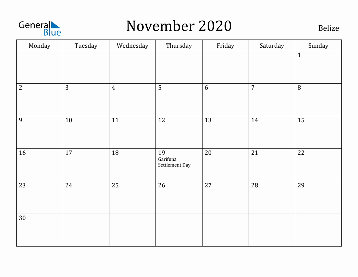 Belize Monthly Calendar - November 2020 (Monday Start)