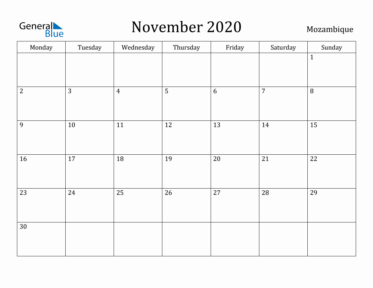 Mozambique Monthly Calendar - November 2020 (Monday Start)