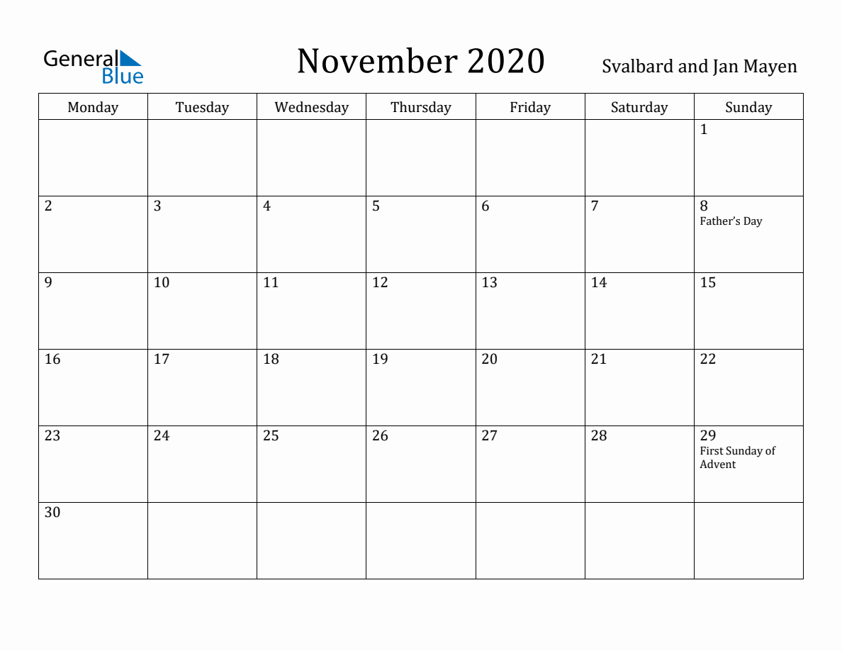 Svalbard and Jan Mayen Monthly Calendar - November 2020 (Monday Start)
