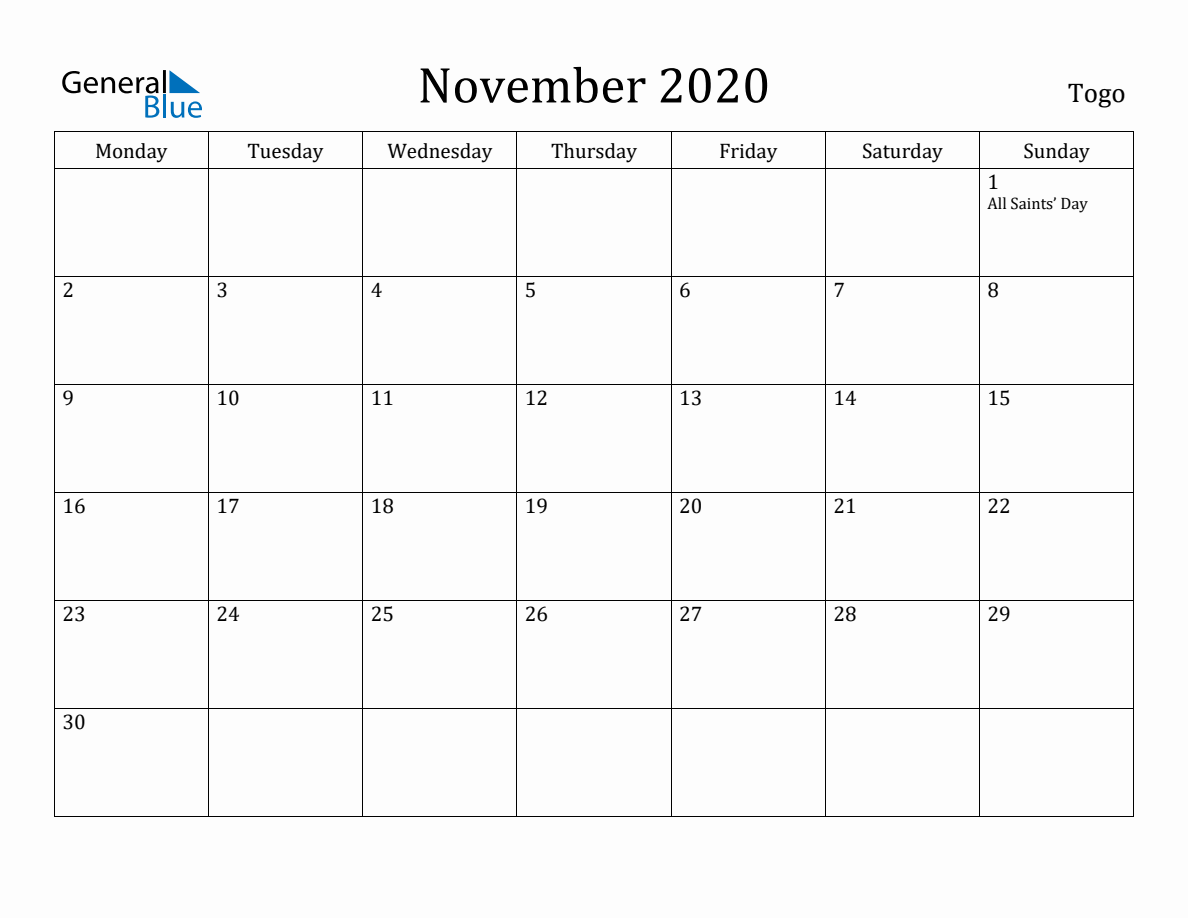 Togo Monthly Calendar - November 2020 (Monday Start)
