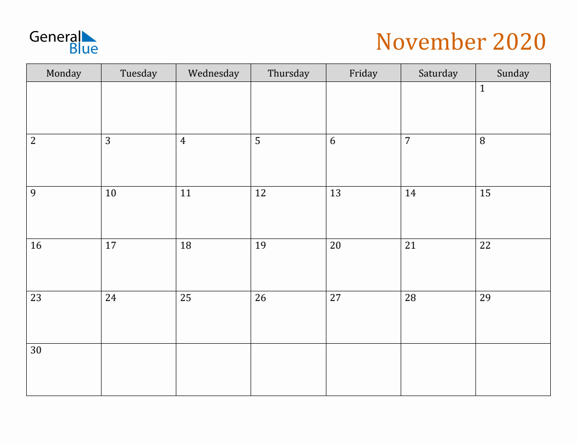 November 2020 Generic Monthly Calendar - Monday Start