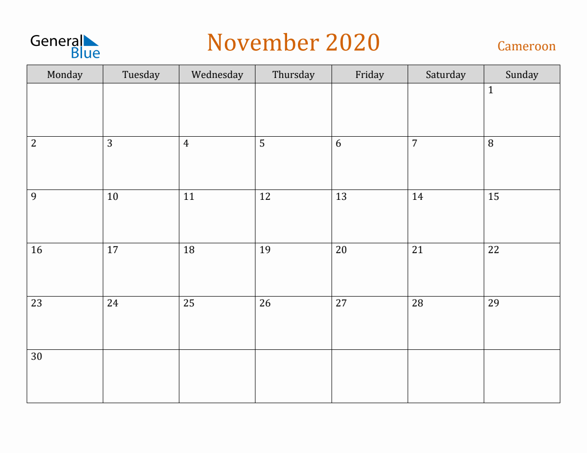 Free November 2020 Cameroon Calendar