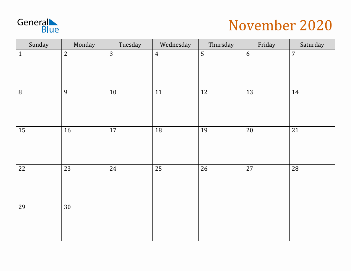 November 2020 Generic Monthly Calendar