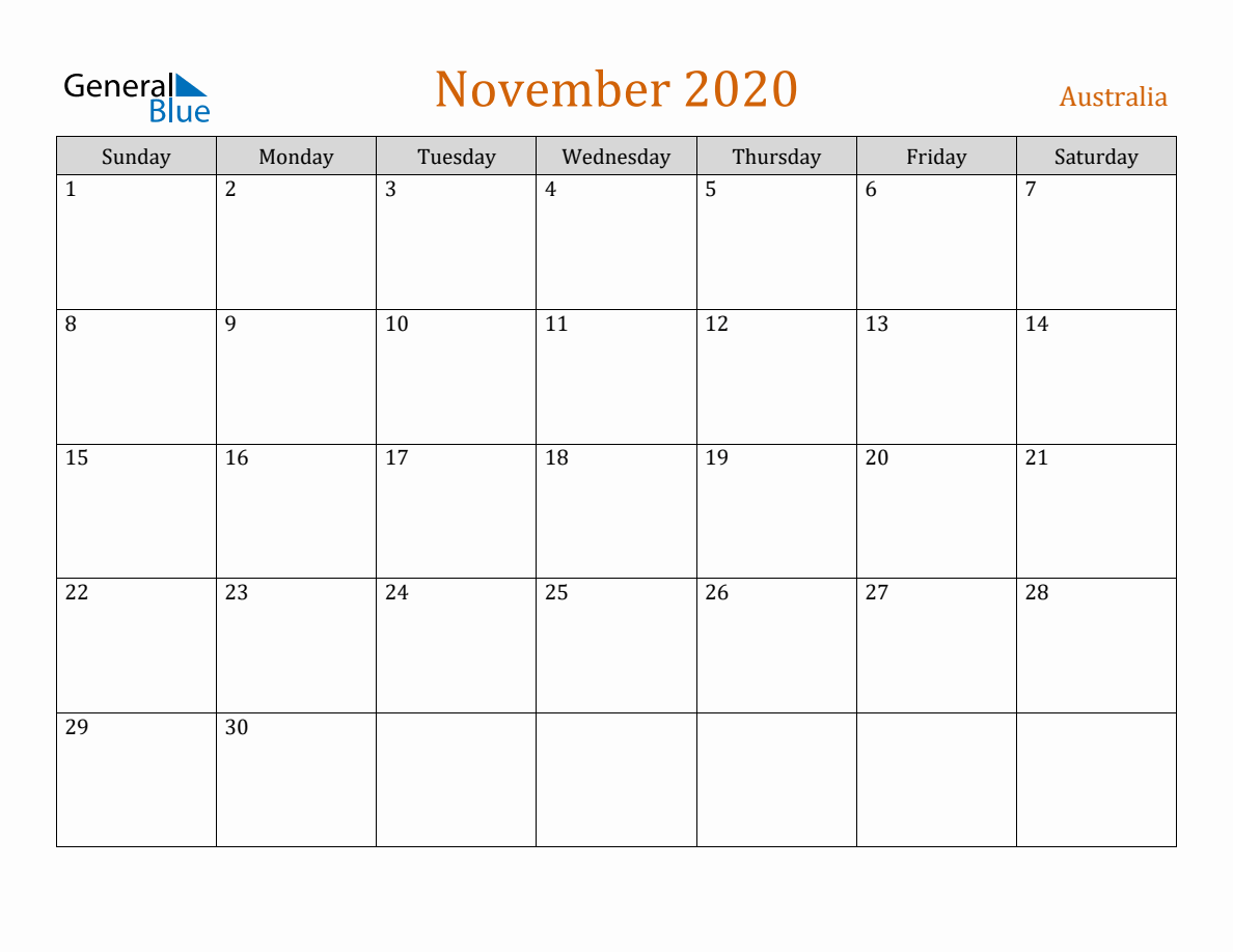 Free November 2020 Australia Calendar