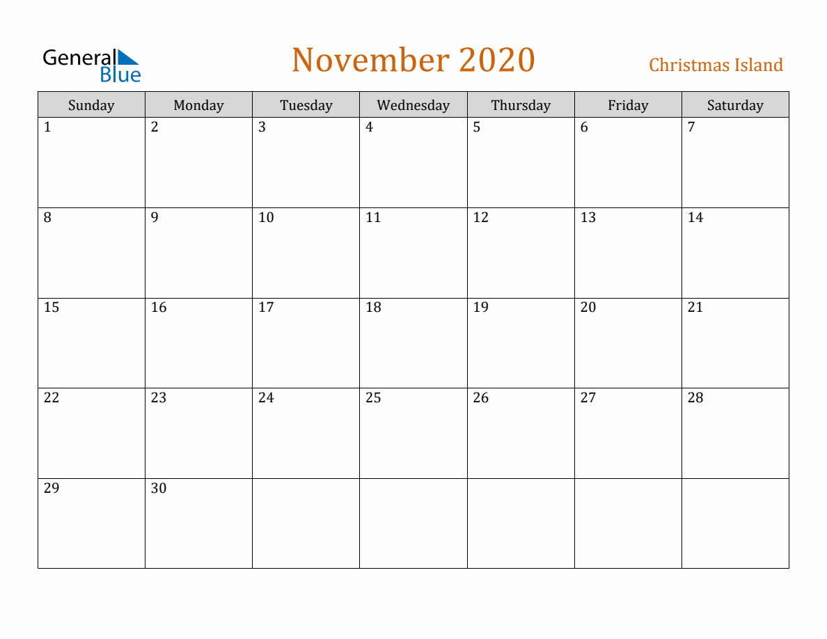 Free November 2020 Christmas Island Calendar