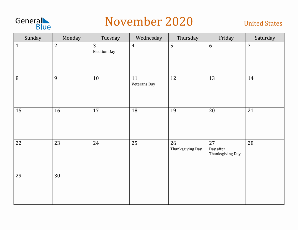 Free November 2020 United States Calendar