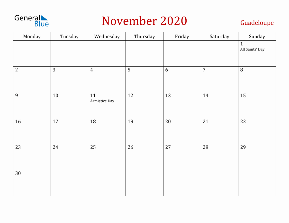 November 2020 Guadeloupe Monthly Calendar with Holidays