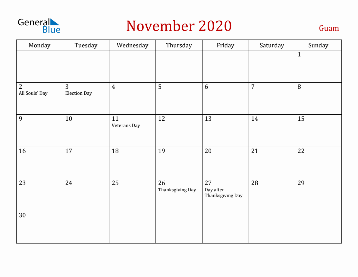 November 2020 Guam Monthly Calendar with Holidays (Monday Start)