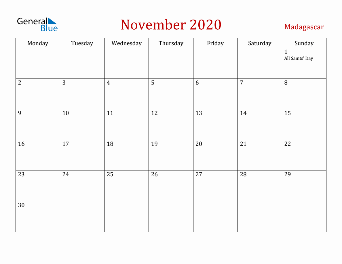 November 2020 Madagascar Monthly Calendar with Holidays