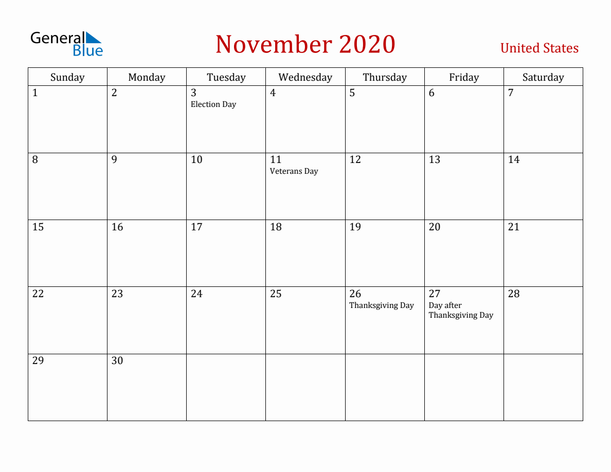 November 2020 United States Monthly Calendar with Holidays