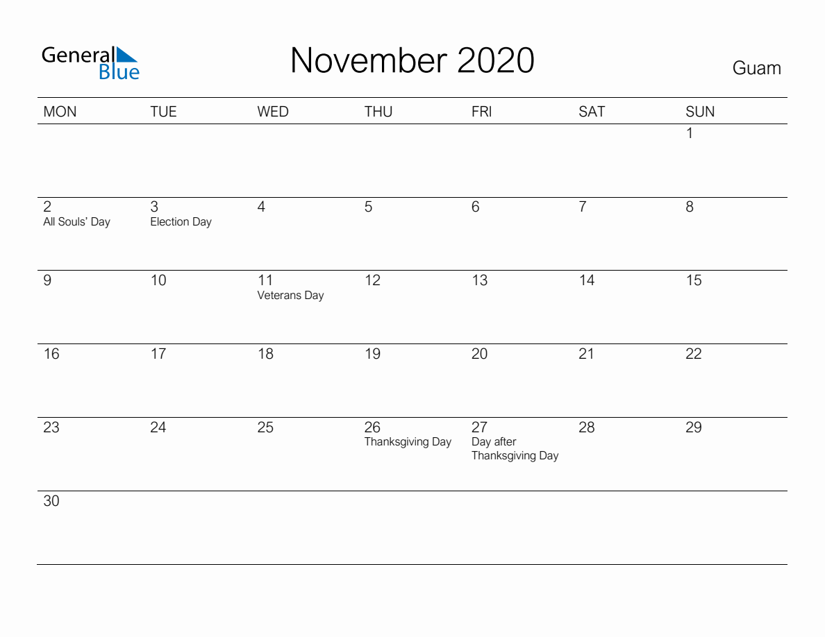 Printable November 2020 Monthly Calendar with Holidays for Guam