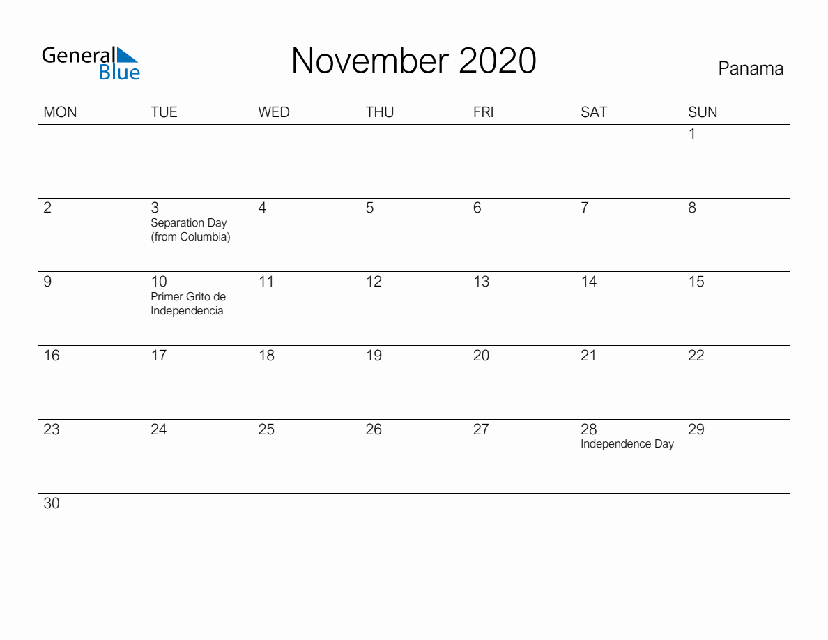 Printable November 2020 Monthly Calendar with Holidays for Panama