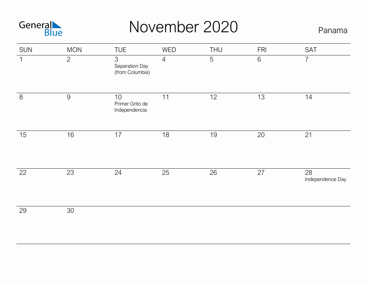 Printable November 2020 Monthly Calendar with Holidays for Panama