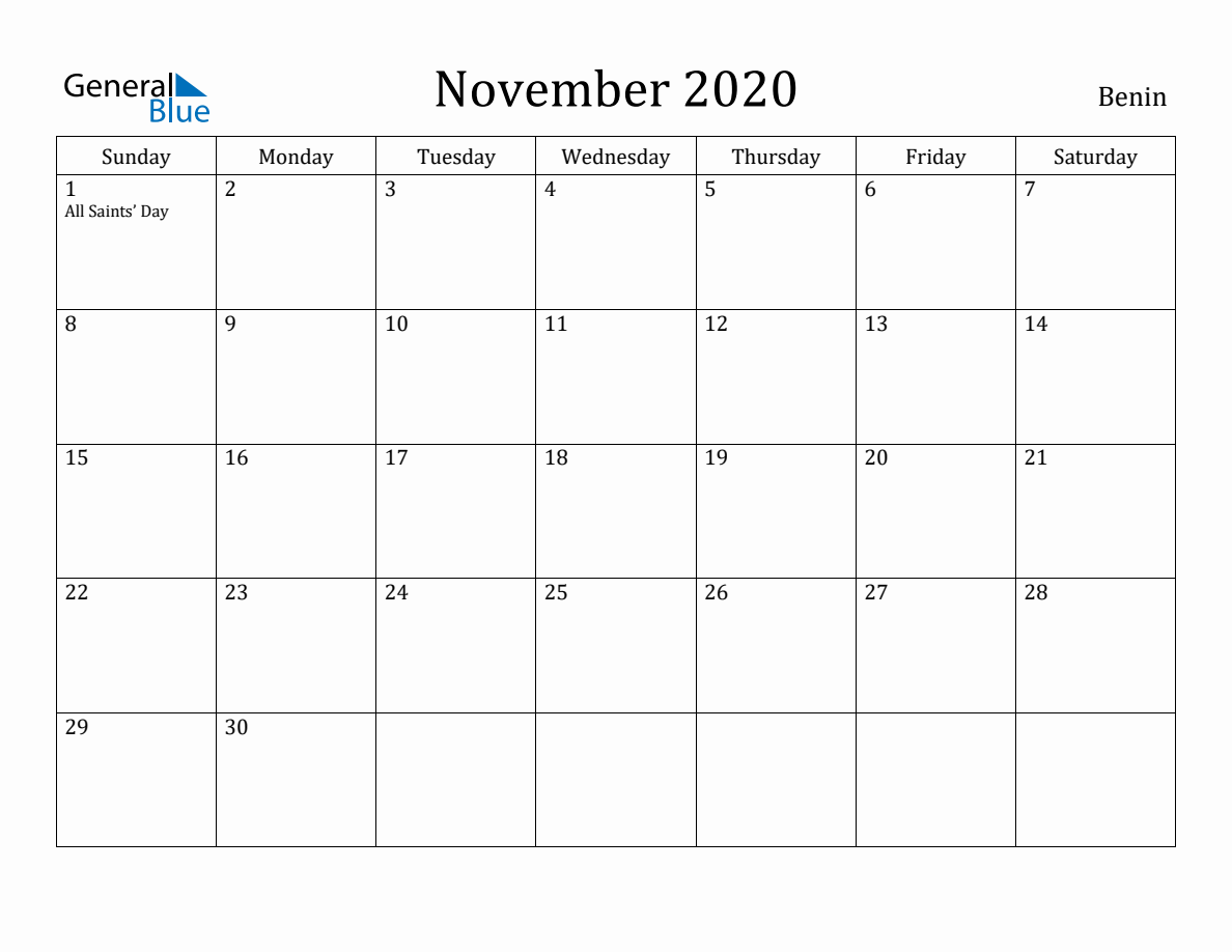 November 2020 Monthly Calendar with Benin Holidays
