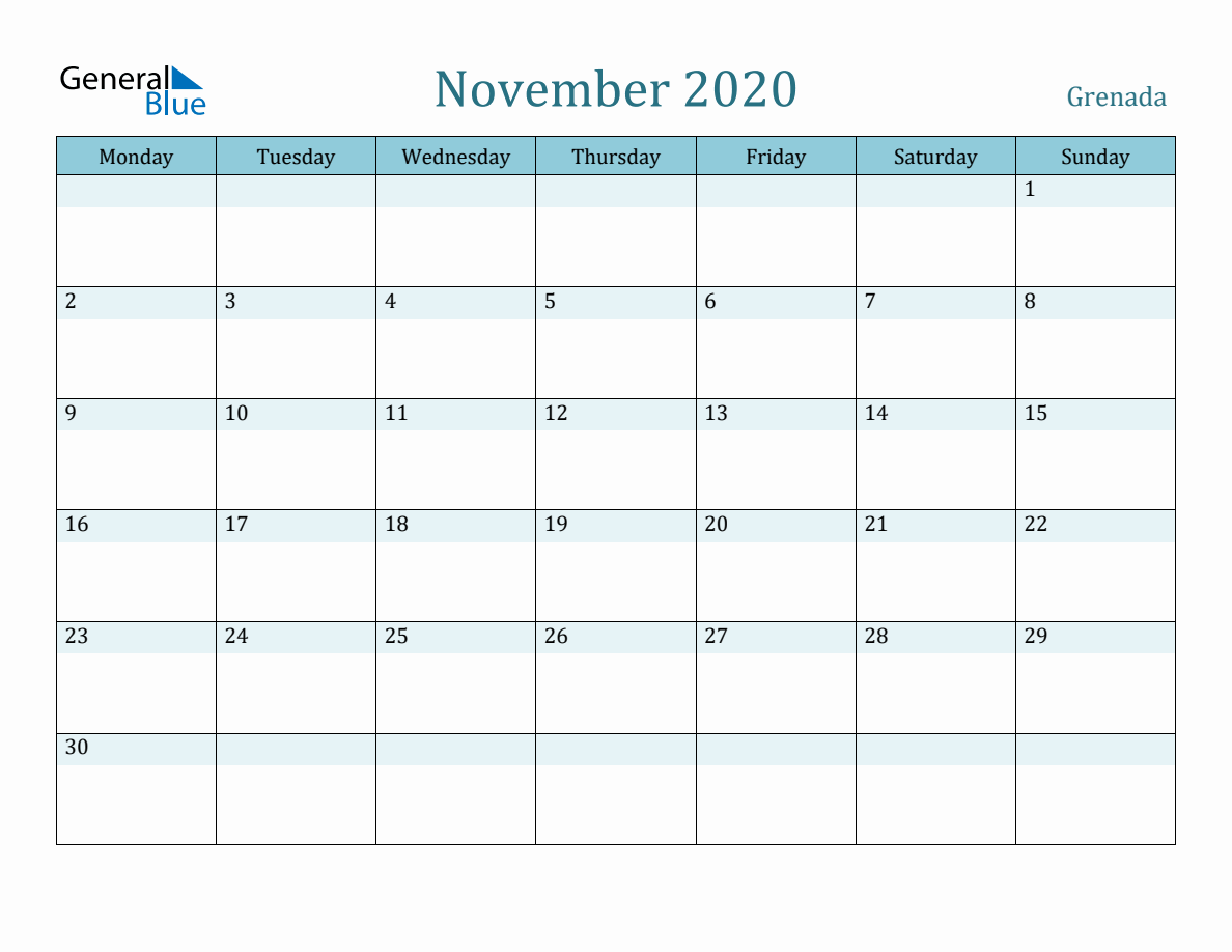 Grenada Holiday Calendar for November 2020 (Monday Start)