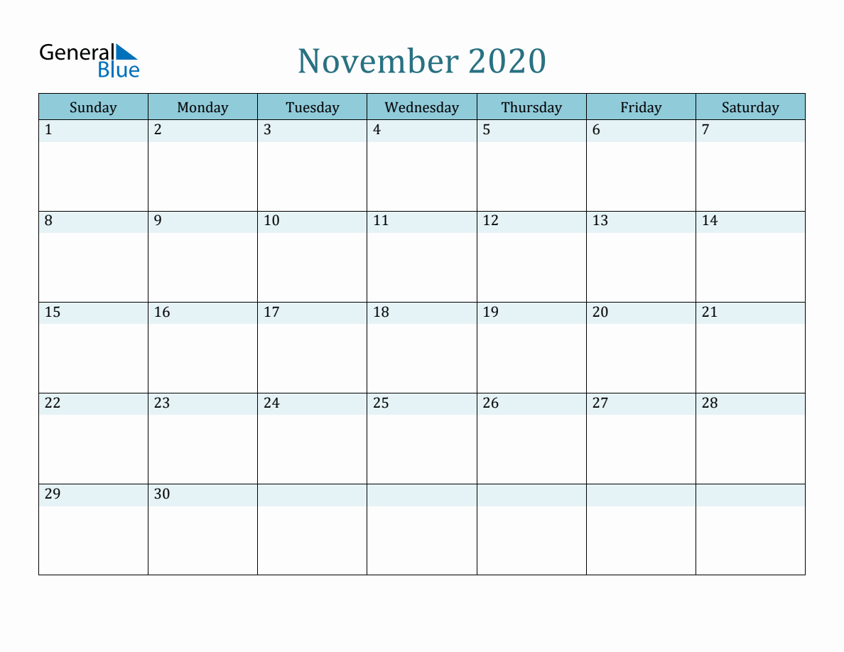 November 2020 Monthly Calendar Template