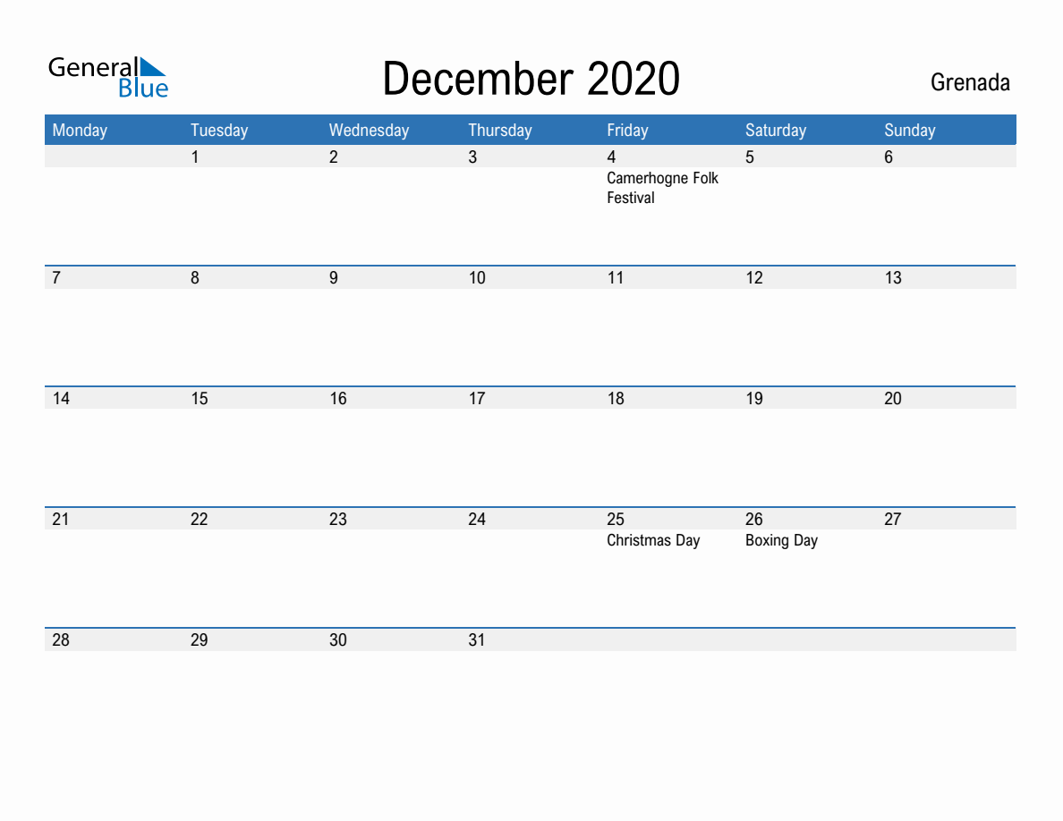 Editable December 2020 Calendar with Grenada Holidays (Monday Start)