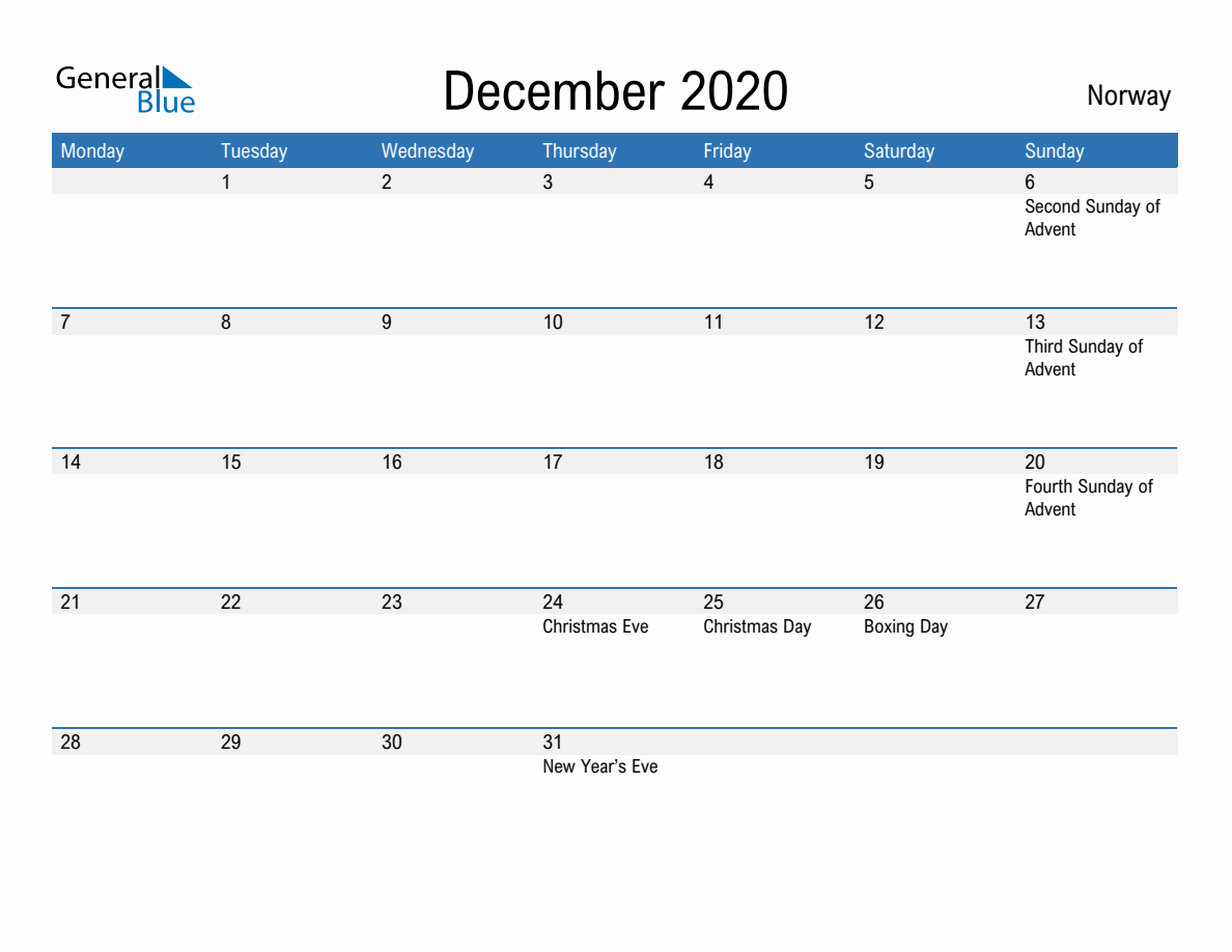 Editable December 2020 Calendar with Norway Holidays (Monday Start)