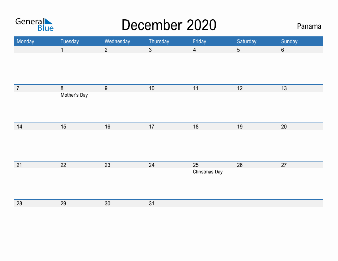 Editable December 2020 Calendar with Panama Holidays (Monday Start)