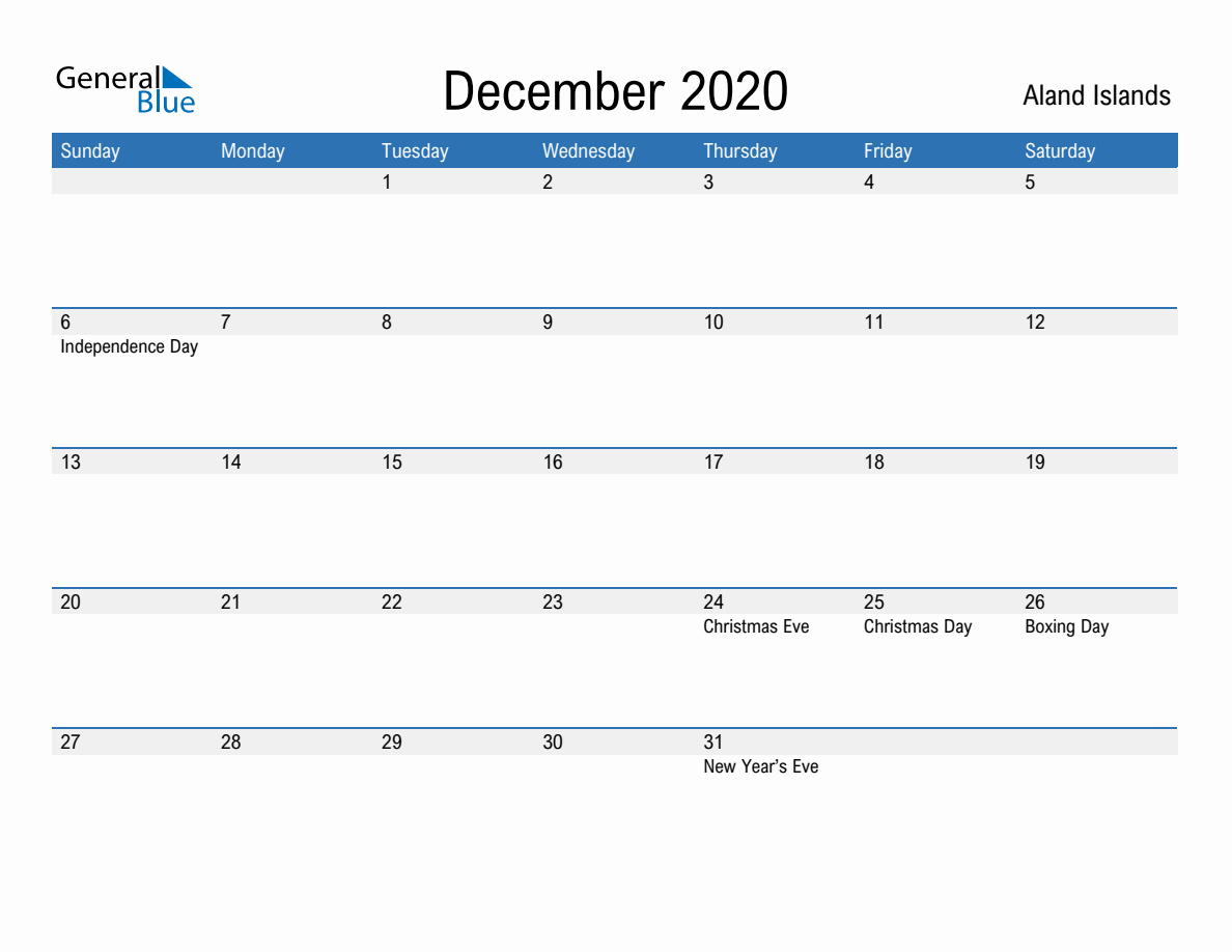 Editable December 2020 Calendar with Aland Islands Holidays