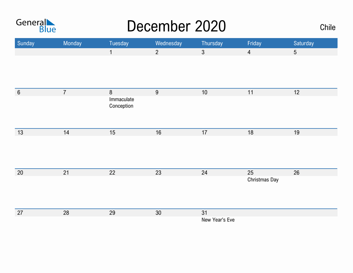 Editable December 2020 Calendar with Chile Holidays