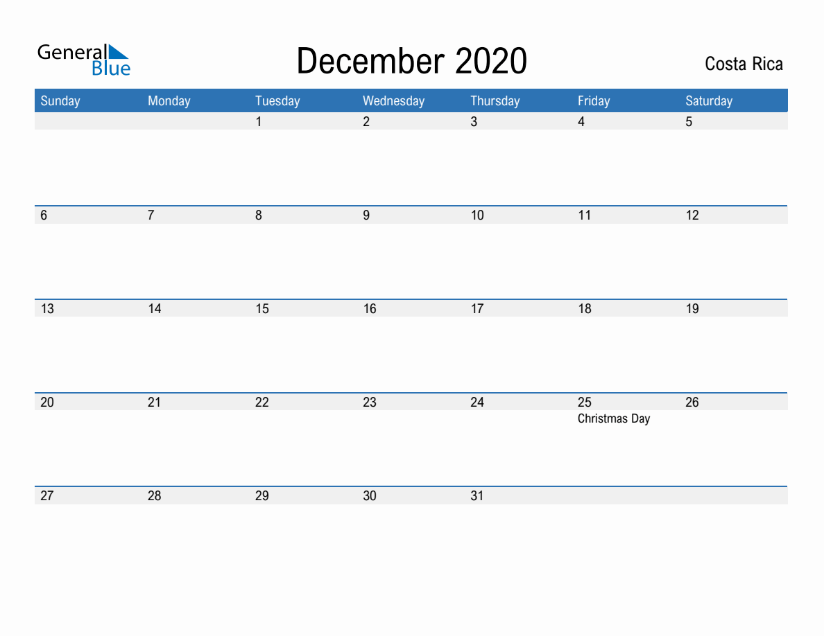 Editable December 2020 Calendar with Costa Rica Holidays