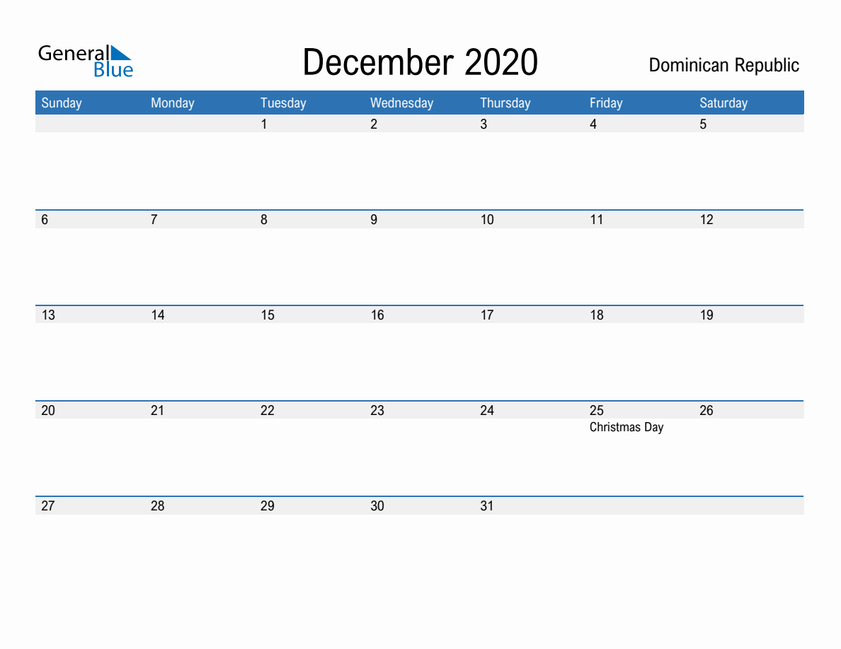 Editable December 2020 Calendar with Dominican Republic Holidays