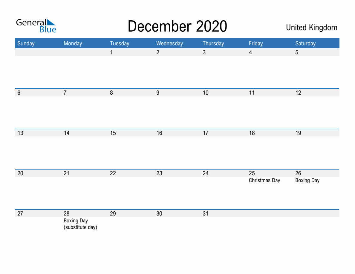 December 2020 Monthly Calendars with United Kingdom Holidays